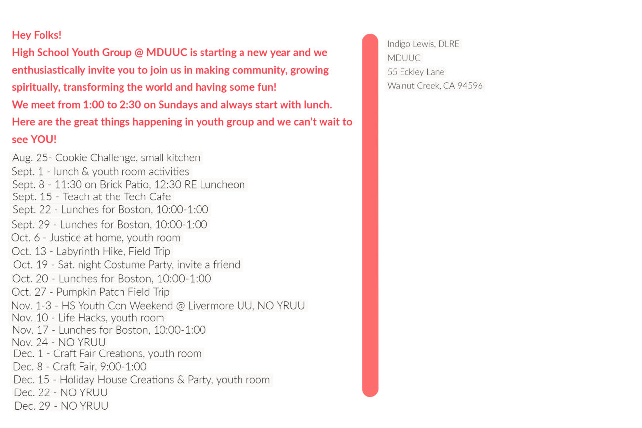 YRUU Calendar, Fall 2019